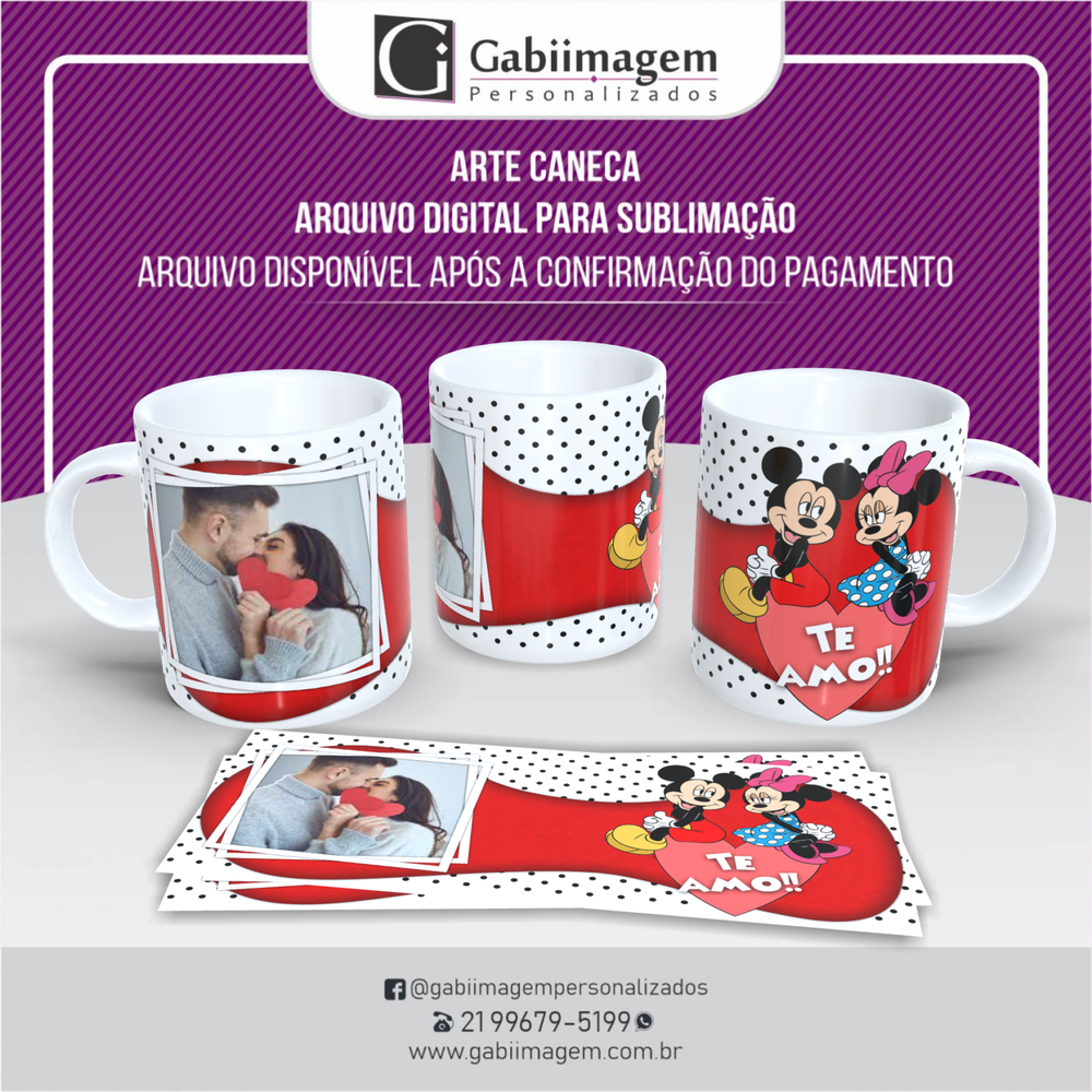 Arte Caneca Mickey E Minnie Com Foto Para Sublimação - Te Amo